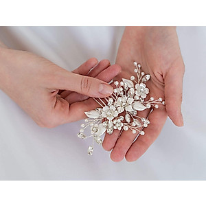 SWEETV Silver Bridal Hair Comb for Wedding Hair Accessories, Handmade with Crystals, Pearls, and Leaves, 4.72 x 2.75 inches, for Brides, Women