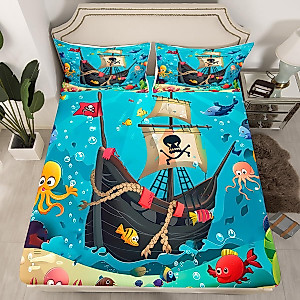 Cartoon Pirate Ship Fitted Sheet Twin Size Marine Adventure Bedding Set Girls Boys Adults Underwater Fish Bed Cover Cute Octopus Jellyfish Bed Sheet,1 Pillowcase