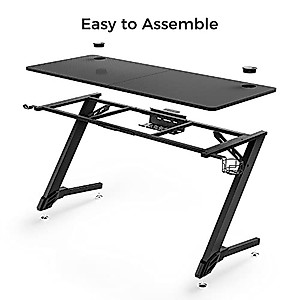 Eureka Ergonomic Gaming Desk 60 inch, Z-Shaped Carbon Fiber Surface Desktop Home Office PC Computer Desk with Mouse Pad, Ergonomic Large Gamer Table with Cup Holder and Headphone Hook for Gaming Room