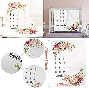 SPOKKI 4 PCS Baby Monthly Milestone Blanket, 51"x40" Premium Fleece Floral Memory Blankets kit for Newborn Girls Boys Photography Props and Mom Nursery Shower Gift (Pink)