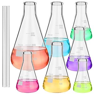 9 Pack Glass Erlenmeyer Flask Set with Glass Stirring Rod, 7 Sizes, 50ml, 100ml, 150ml, 200ml, 250ml, 300ml, 500ml, Borosilicate Glass Erlenmeyer Flasks with Printed Graduation for Lab Chemistry