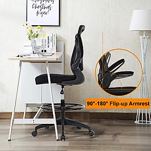 Drafting Chair Tall Office Chair Adjustable Height with Lumbar Support Flip Up Arms Footrest Mid Back Task Mesh Desk Chair Computer Chair Drafting Stool for Standing Desk, Black