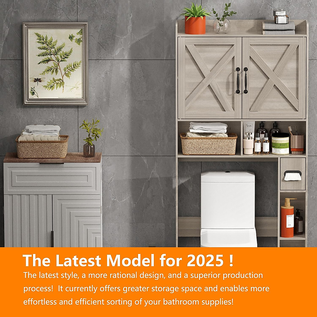 JOKOLO Over The Toilet Storage Cabinet,Freestanding Wooden Bathroom Organizer with 2-Door Toilet Storage Rack,66 Inches Height,Grey