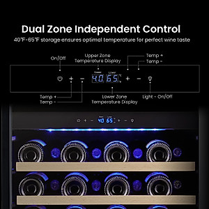 Yeego Wine Fridge & Cooler - 24 Inch Dual Zone Wine Cooler 47 Bottles, 40-65℉ Wine Refrigerator Glass Door with Safety Lock, Built-in, Under Counter or Freestanding Fridge for Home Kitchen(5.12 cu.ft)