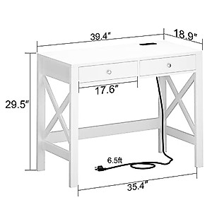 ChooChoo Computer Desk with USB Charging Ports and Power Outlets, 39" White Desk with Drawers, Small Study Writing Table with Stable X Frame for Home Office