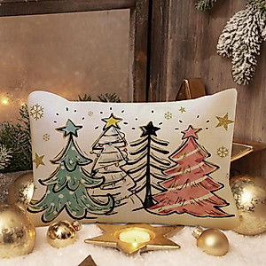 Fjfz Christmas Tree Lumbar Decorative Throw Pillow Cover 12 x 20, Rectangular Pink Green Xmas Polka Dot Stripe Snowflake Outdoor Home Decor, Golden Stars Winter Holiday Seasonal Farmhouse Cushion Case
