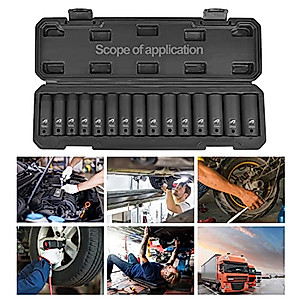 AAIN 15-Piece 1/2 Inch Drive Metric Deep Impact Socket Set，6-Point,10mm to 24mm 1/2 Socket Set, A029