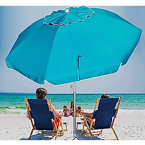 AMMSUN 6.5ft twice folded compact Portable beach umbrella with sand anchor windproof, Push Button Tilt Air vent UV 50+ Protection Fits in a large Suitcase for travel Patio Garden Pool Backyard Sky Blue