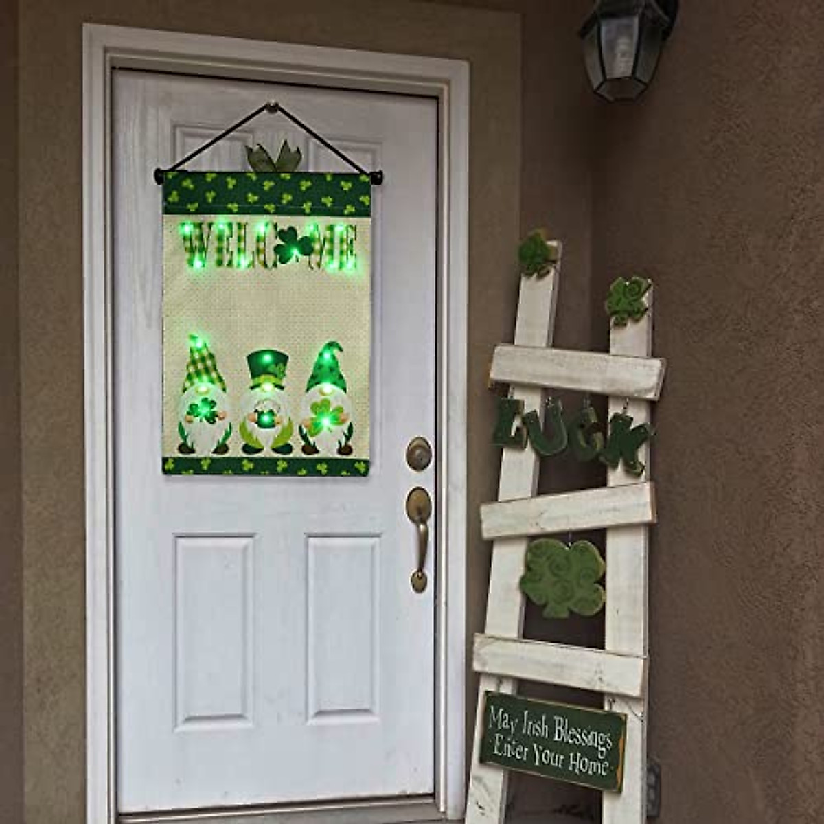 St Patricks Day Garden Flag with Lights, Welcome Gnome Shamrock Garden Flag Double Sided Yard Flags for Lawn Party St Patricks Day Outdoor Decorations 12 x 18 Inch