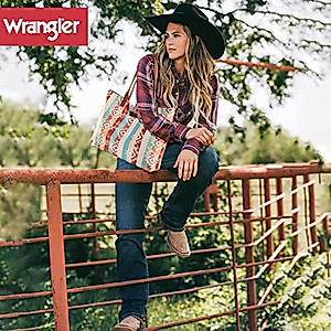 Wrangler Tote Bag for Women Aztec Printed Canvas Shoulder Handbags Large Hobo Handbags Genuine Leather Shoulder Strap,WG53-8112BR