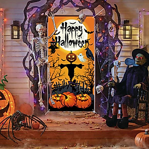 Halloween Door Decorations Banner, Happy Halloween Door Cover Backdrop, Fabric Pumpkin Ghost Hanging Door Poster Sign Banner for Outdoor Indoor Halloween Eve Porch Background Party Wall Decoration