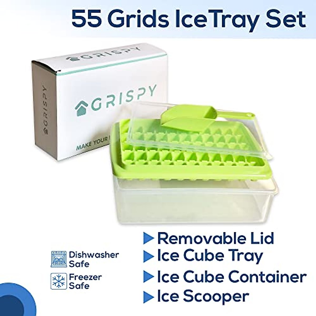 Large Ice Cube Mold, Ice Cube Tray for Freezer, Sphere Ice Container for Cocktails, 55 Mini Nugget Tray with Lid and Bin, Pebble Ice Bucket-Comes with Scoop, Cover, Ice Maker and Holder.