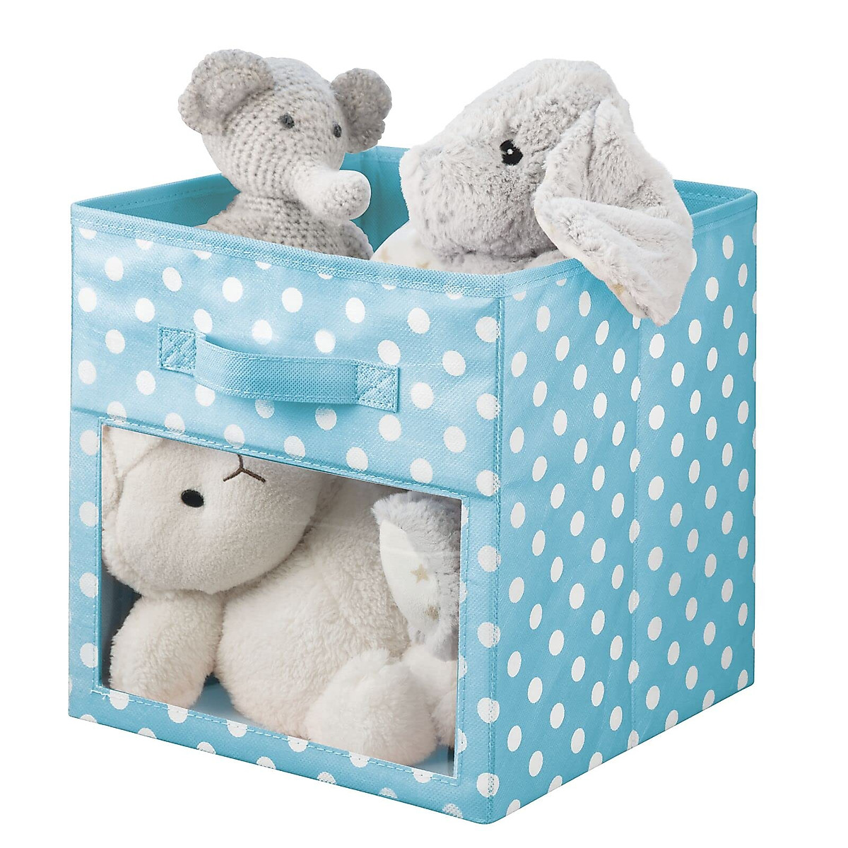 mDesign Fabric Nursery/Playroom Closet Storage Organizer Bin Box, Front Handle/Window for Cube Furniture Shelving Unit, Hold Toys, Clothes, Diapers, Bibs, 2 Pack, Turquoise Blue/White Polka Dot