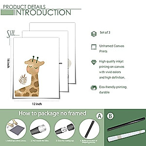 Cute Woodland Animals Giraffe Canvas Wall Art Set of 3 12x16in, Colorful Minimalist Baby Nursery Sun Room Aesthetic Posters, Neutral Elephant Print Painting Decor for Girl Boy Kids Bedroom Unframed