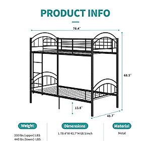 Lumelay Twin Over Twin Bunk Bed, Convertible Metal Bed Frame, Easy Assembly, Full-Length Guardrail, Space-Saving (Black)