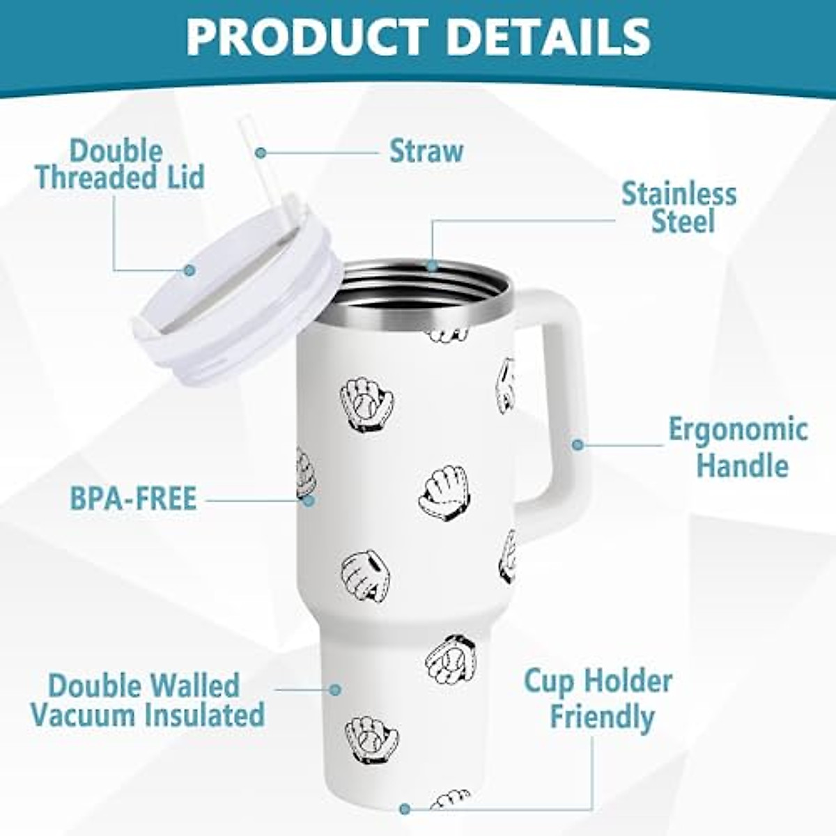 DIGTIA Stainless Steel Insulated Tumbler w/Handle & Straw, Baseball Double Wall Vacuum Travel Coffee Mug Cup w/Lid, Leak-Proof Sports Glove Sport Water Bottle,40oz