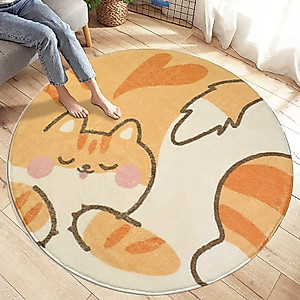 TEALP Kids Play Rug 4ft,Round Area Rug Kids Nursery Door Mat Soft Plush Childrens Carpet for Bedroom Living Room Kids Playroom,Orange Cat