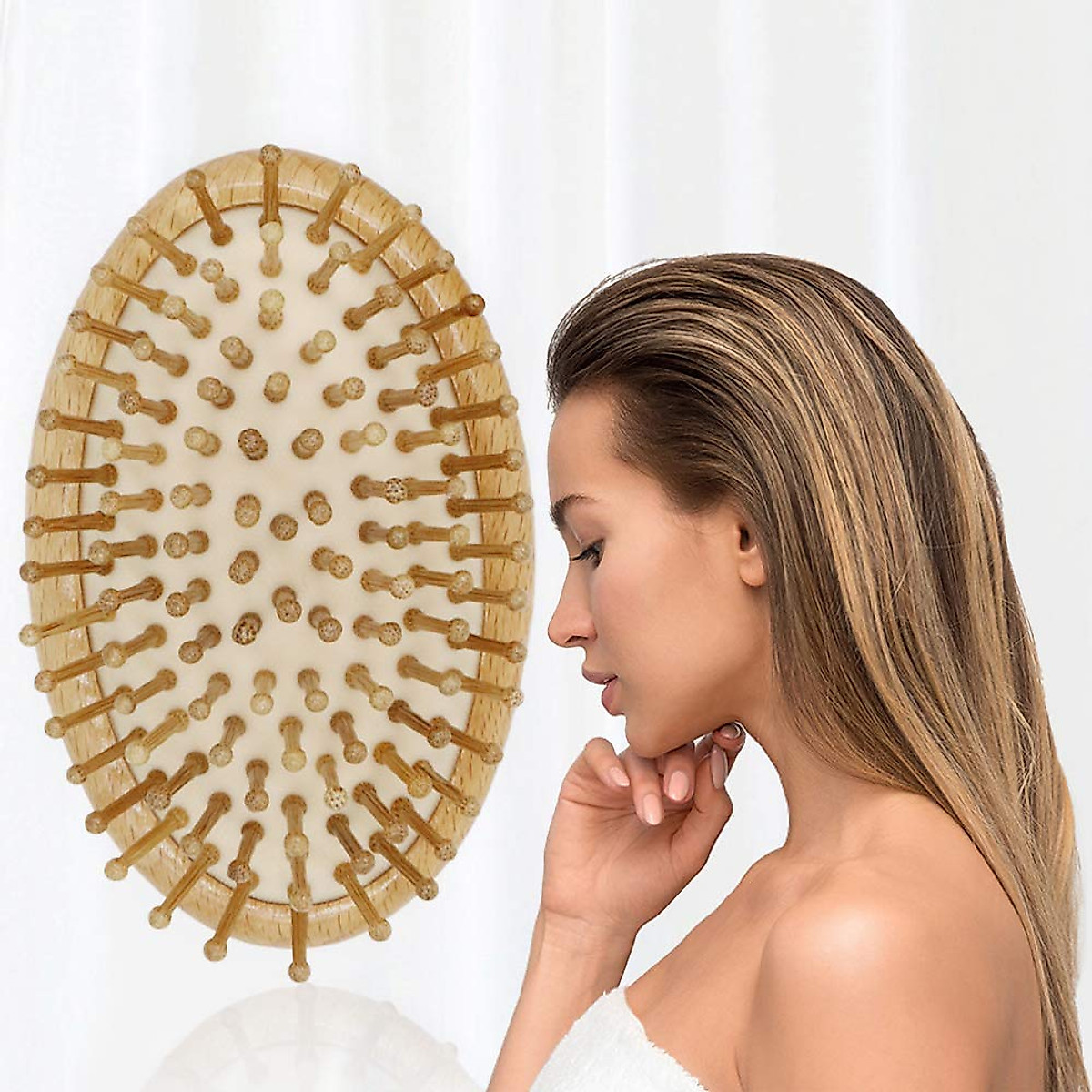 Pig Bristle Round Brush - Anti-Static Wood Pins, Compact Travel-Friendly Design for All Hair Types