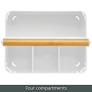 mDesign Plastic Portable Storage Organizer Kitchen Caddy Tote, Divided Bin w/Wood Handle for Napkins, Silverware, Forks, Knives, Spoons - Store in Cabinets, Counters - Aura Collection - White/Natural