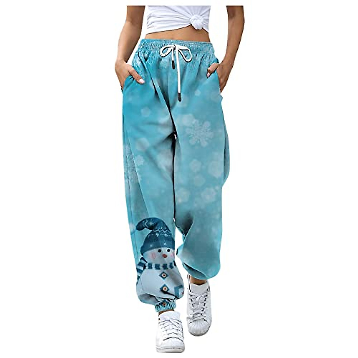 High Waisted Sweatpants for Women,High Waisted Sweatpants for Women Christmas Snowman Print Elastic Waisted Workout Active Joggers Drawstring Wide Leg Trouser Elk Print Sky Blue XL