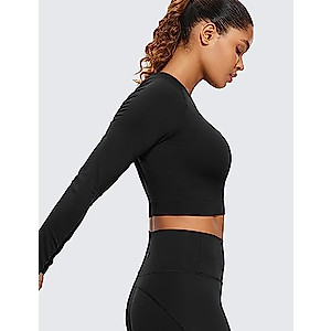CRZ YOGA Seamless Long Sleeve Shirts for Women Ribbed Workout Tops Athletic Crop Tops Cropped Running Gym Shirts Black Small