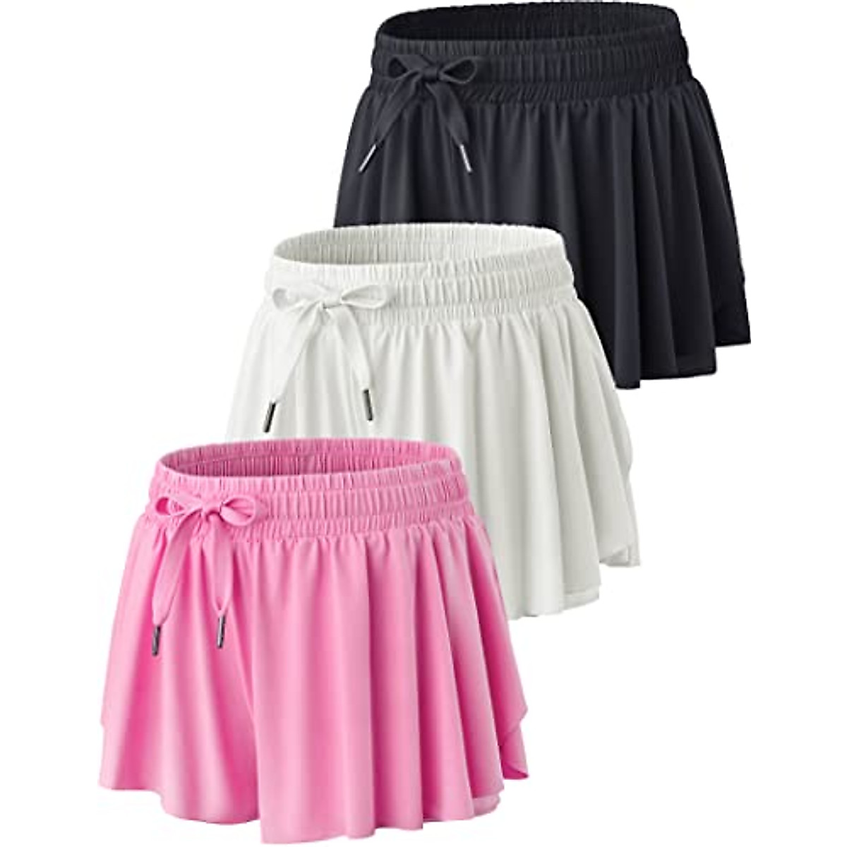3 Pack Girls Flowy Shorts with Spandex Liner 2-in-1 Youth Butterfly Skirts for Fitness, Running, Sports (Set 2, Youth Medium)