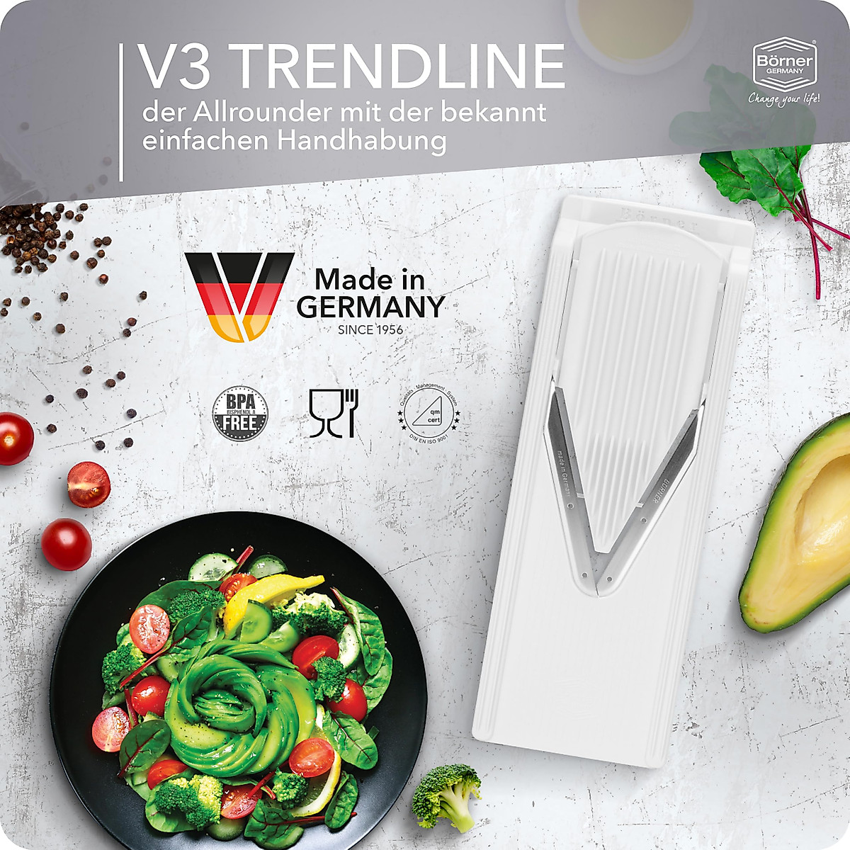 Börner V3 TrendLine Mandoline Starter Set (6 pcs.) • Vegetable Slicer (V-Slicer) + Safety Guard + Inserts + Collection Tray + Multibox • Kitchen Slicer Set (White)