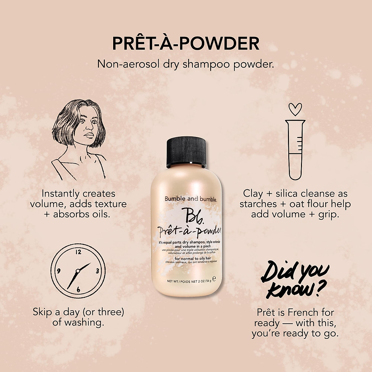 Bumble and bumble. Prêt-à-powder Dry Shampoo Powder | Adds Volume, Texture + Absorbs Oil | Non-Aerosol | Wavy + Straight, 2 Ounce