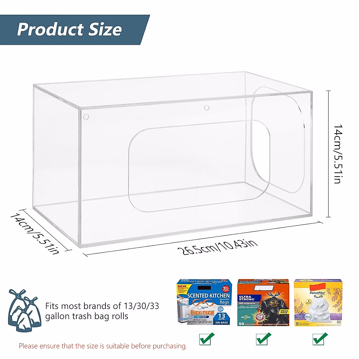 Trash Bag Holder Dispenser, Acrylic Trash Bag Dispenser Roll Holder, Adhesive Wall Mount Garbage Grocery Bag Dispenser Organizer for Kitchen, Cabinet, Under Sink with 4 Strong Stickers Screws