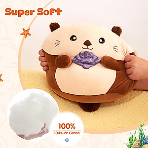 Glow Guards 12” Sea Otter Plush Pillow with Fuzzy Ears,Cute Otter Stuffed Animal,Soft Plushies Pillow Kawaii Otter Plush Toys with Glitter Purple Seashell,Otter Toys Gift for Girls Boys Birthday
