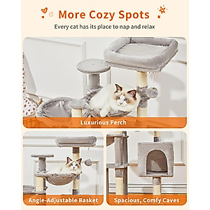 Taoqimiao Cat Tree, 39.4-Inch Cat Tower for Indoor Cats,Suitable for Kittens,Plush Cat Condo with 5 Scratching Posts, Plush Perch,2 Hammock,Pompoms, MS019W Light Gray