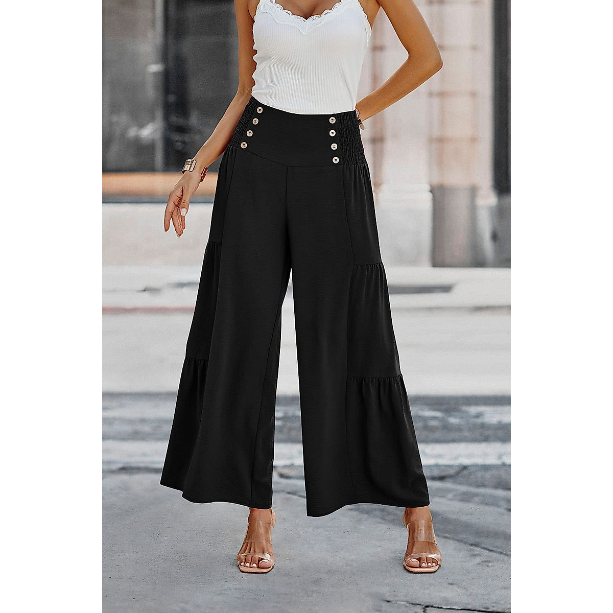 PRETTYGARDEN Women's Casual Long Palazzo Pants Elastic High Waist Wide Leg Loose Lounge Trousers (Black,Medium)