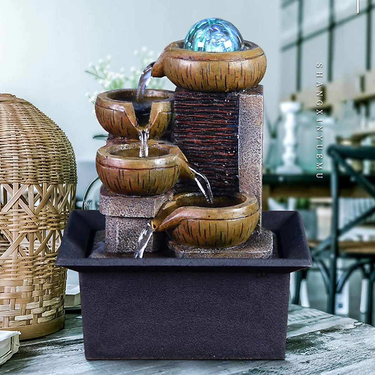 EKDJKK Meditation Tabletop Fountain, Tabletop Waterfall Garden Relaxation Fountain Indoor with LED Light, Mini Tabletop Pool Leisure Fountai Home Decor Gift for Indoor Office Bedroom Relaxation