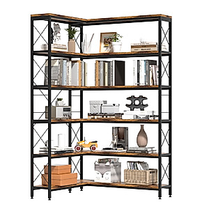 oneinmil 6-Tier Corner Bookcase, Vintage Industrial Corner Bookshelf Etagere Bookcase, Corner Shelf Storage Rack with Carbon Steel for Living Room, Office, Home, Brown