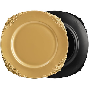 Okllen 12 Pack Gold Charger Plates, 13" Round Charger Plates with Embossed Rim, Decorative Dinner Charger Serving Plates for Catering, Wedding, Tabletop Decor