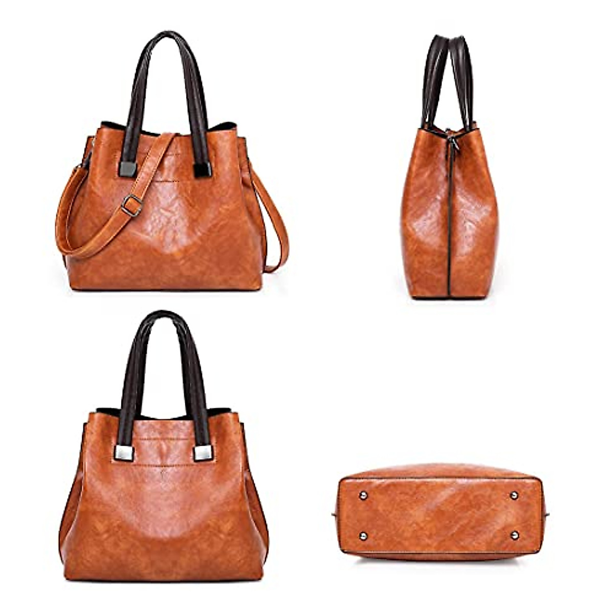 GJGJTER Synthetic PU Leather Tote for Women Simple One-shoulder Portable Messenger Crossbody Hobo Bags 3-piece Set-Brown