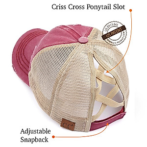 C.C Exclusives Washed Distressed Cotton Denim Criss-Cross Ponytail Hat Baseball Cap Bundle Hair Tie (BT-780)(BT-791) (A Elastic Band-Berry)