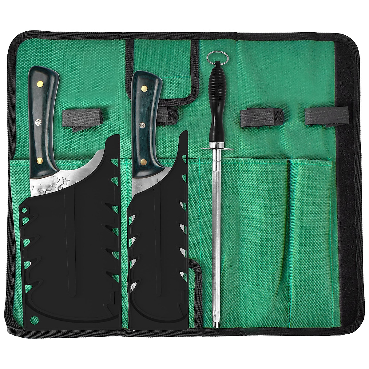 FULLHI 9 PCS Butcher Knife Set with Knife Bag and Sheath - Hand Forged Green handle Chef Knife High Carbon Steel Cleaver Knife Set for Kitchen Camping BBQ