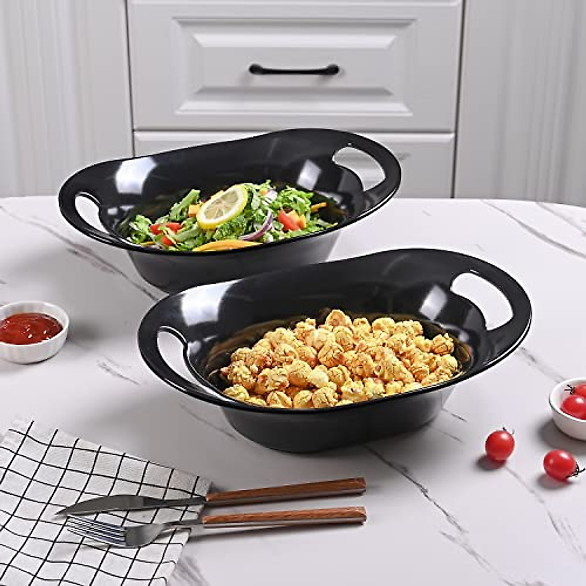 XUEJUN Black Serving Bowls, 12" Large Serving Bowl with Handles Set, Bamboo Fiber Serving Dishes, Oval Serving Platter 1.3 Quarts Set of 2, BPA-free, Reusable, Dishwasher Safe