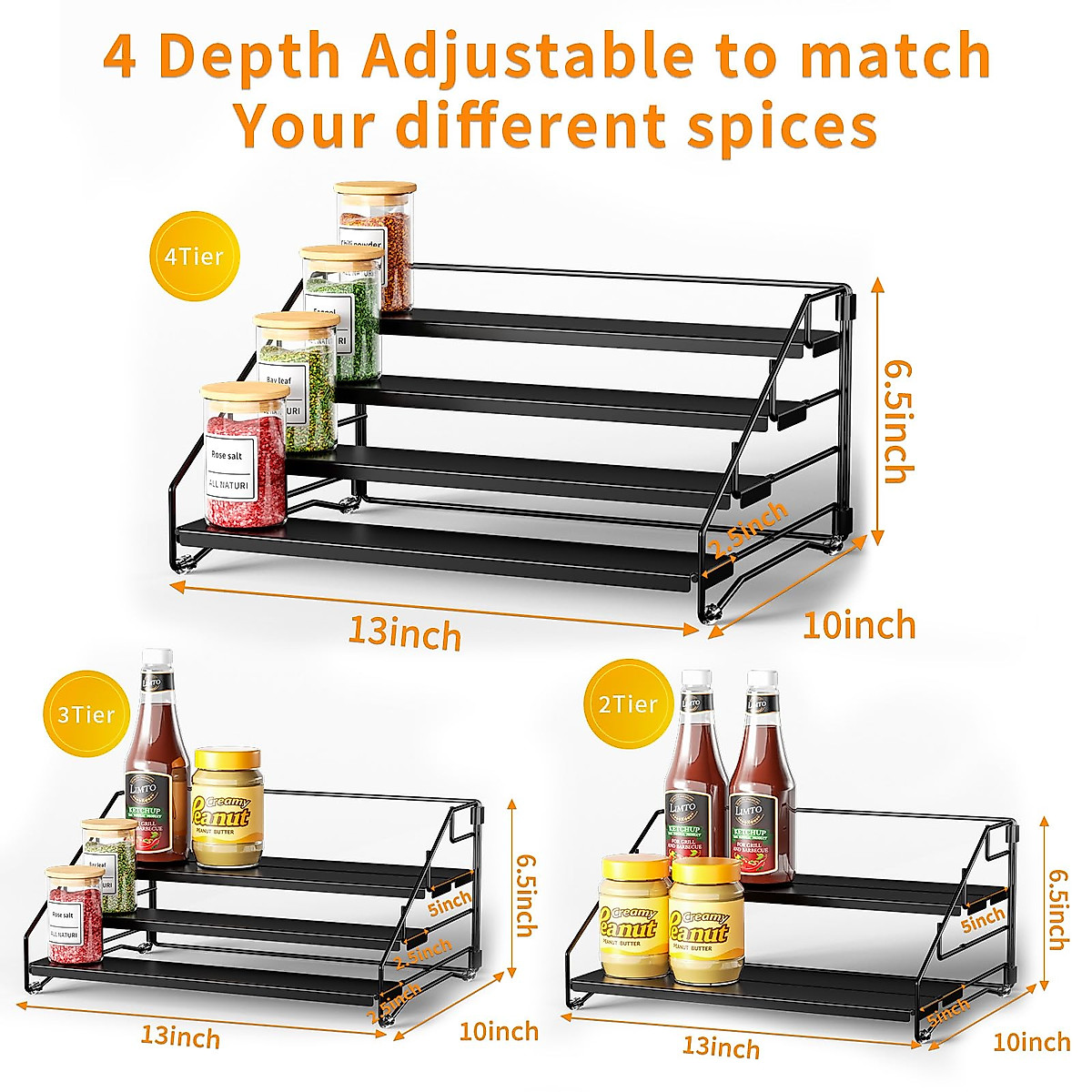RCHYFEED Spice Rack Organizer for Cabinet Pantry,4 Tier Countertop Spice Rack,Step Spice Organization Easy Visibility,Tierd Depth Expandable Seasoning Shelf for Cabinet Organizer (Black, 1Pack)