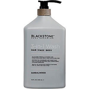 Blackstone 3-in-1 Wash for Men | Cleanse & Condition Hair, Body, & Face | All Skin & Hair Types | Coconut Oil & Vitamin B5 - Sandalwood (32 ounces)