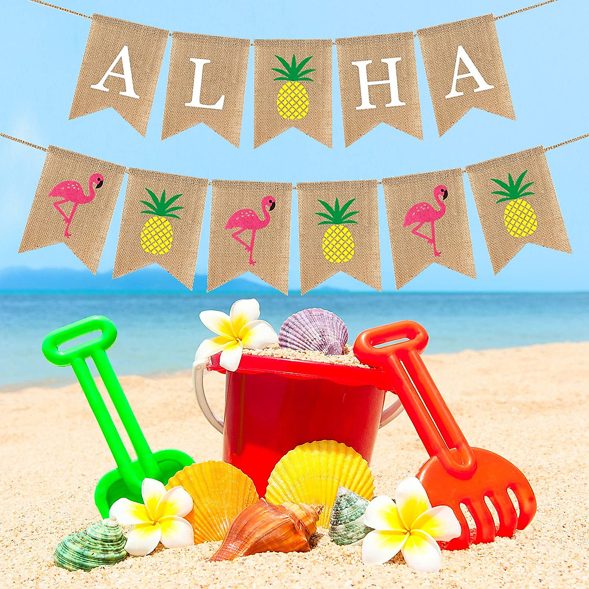 Whaline Hawaiian Aloha Burlap Banner Pineapple Flamingo Pattern Summer Garland Flag Pre-Assembled Tropical Theme Banner for Summer Beach Pool Barbecue Party Decoration Supplies, 2Pcs