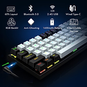 E-YOOSO Wireless Mechanical Keyboard, Bluetooth/2.4G/USB-C 60% Portable Rechargeable 63 Keys Gaming Keyboard, Compact RGB Hot Swappable Mechanical Keyboard with Linear Red Switches for Windows/Mac