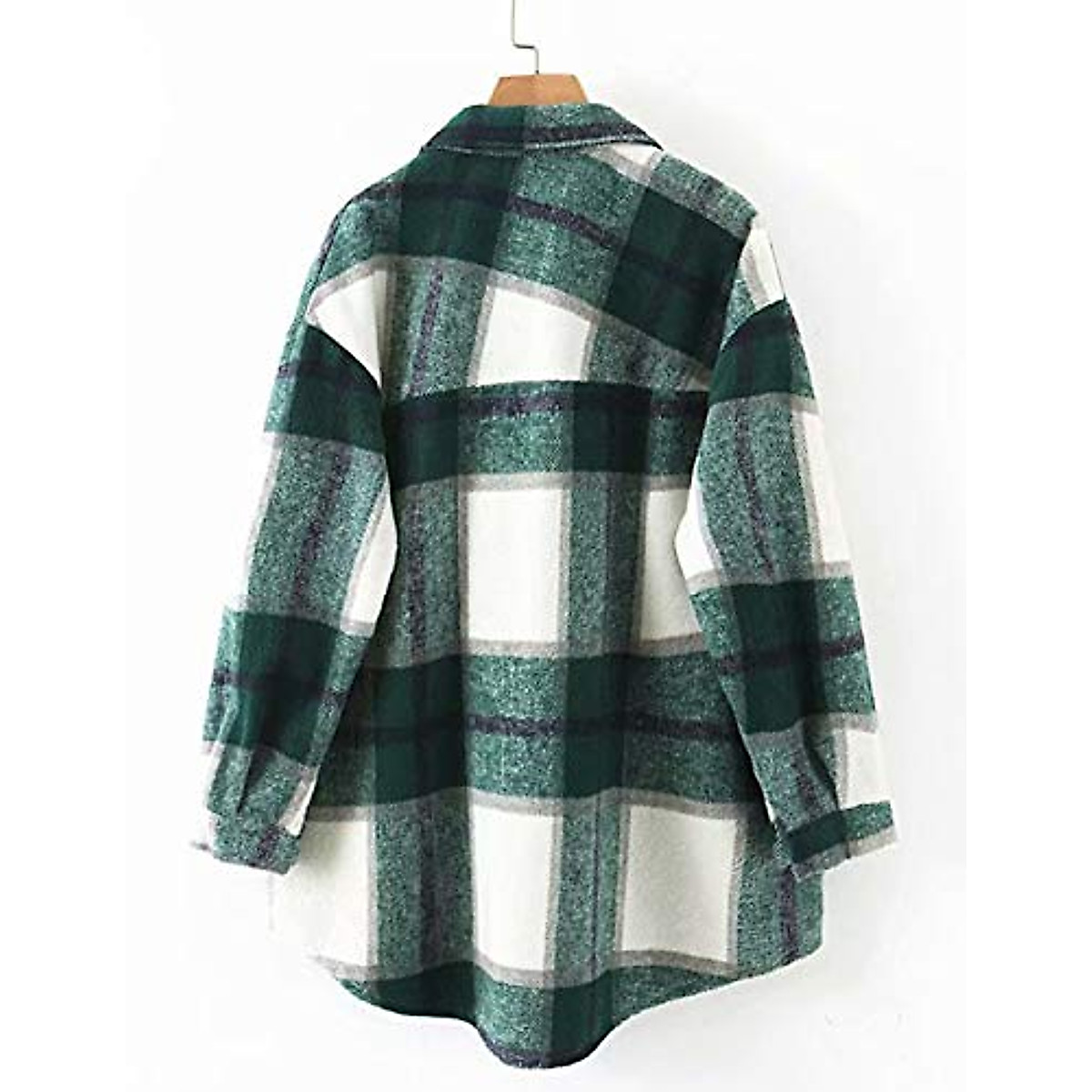 Tanming Womens Brushed Flannel Plaid Lapel Button Short Pocketed Shacket Shirts Coats（01 Green-M）