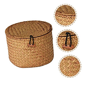 Zerodeko 3pcs Storage Box with Lid Wicker Baskets Wicker Basket with Lid Seagrass Storage Woven Toilet Paper Storage Basket Storage Basket for Shelves Round Seaweed Clamshell Shelf Basket