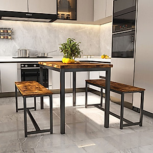 AWQM Dining Room Table Set, Kitchen Table Set with 2 Benches, Ideal for Home, Kitchen and Dining Room, Breakfast Table of 43.3x23.6x28.5 inches, Benches of 38.5x11.8x17.5 inches, Rustic Brown