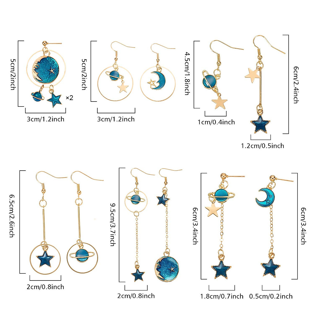 Hicarer 12 Pairs Space Earrings Astronaut Stud Earrings Planet Earrings Dangle Moon Star Asymmetrical Drop Earrings Jewelry for Women