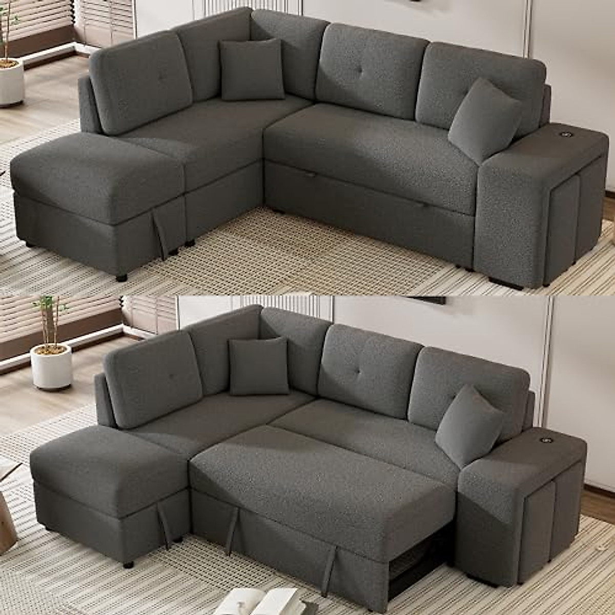 Reversible Sleeper Sectional Sofa Pull Out Couch Bed with Storage Ottoman and 2 Stools, Comfy Chenille Upholstered Convertible Corner Sofá Sofabed w/ Wireless Charger and USB Ports for Living Room