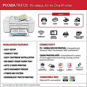 Canon PIXMA TR4720 Wireless Color All-in-One Inkjet Printer, White - Print Copy Scan Fax - 4800 x 1200 dpi, Auto 2-Side Printing, 20-Sheet ADF, 2-Line LCD Display, DAODYANG Printer_Cable