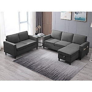 ijuicy 2PCS Sectional Sofa Set,3 Seat Couch & Loveseat Sofa with Side Pockets & Movable Storage Ottoman, Modern Convertible Upholstered Couches for Living Room,Office (3+2Seat/Dark Grey)